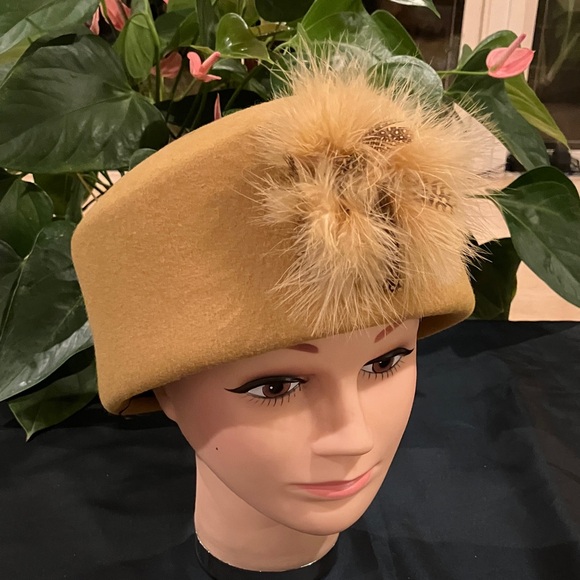 Accessories | Chic Mustard Yellow Wool Hat With Feather Fur Accent ...
